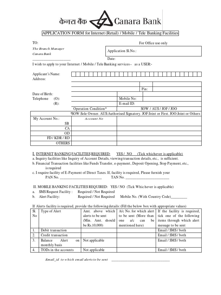 APPLICATION FORM For Internet (Retail) / Mobile / Tele Banking Facilities | PDF | Banks | Online ...