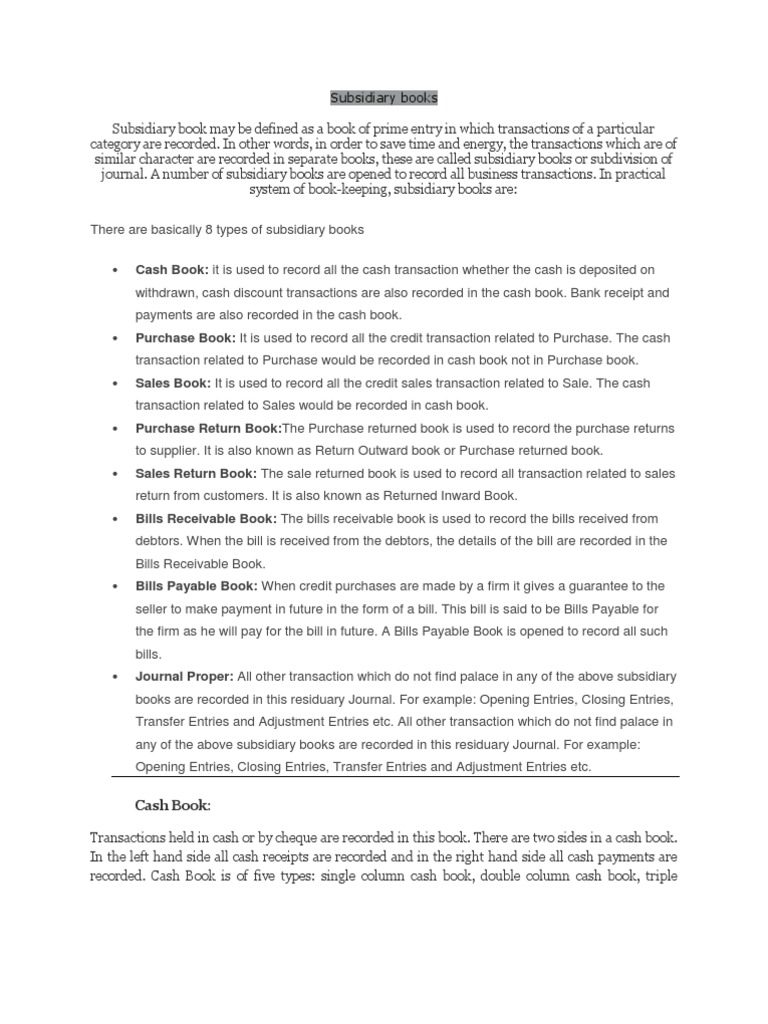 Subsidiary Books | PDF | Bookkeeping | Debits And Credits