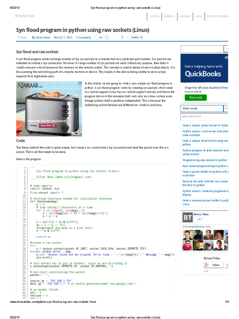 Syn Flood Program in Python Using Raw Sockets (Linux) | PDF | Transmission Control Protocol ...