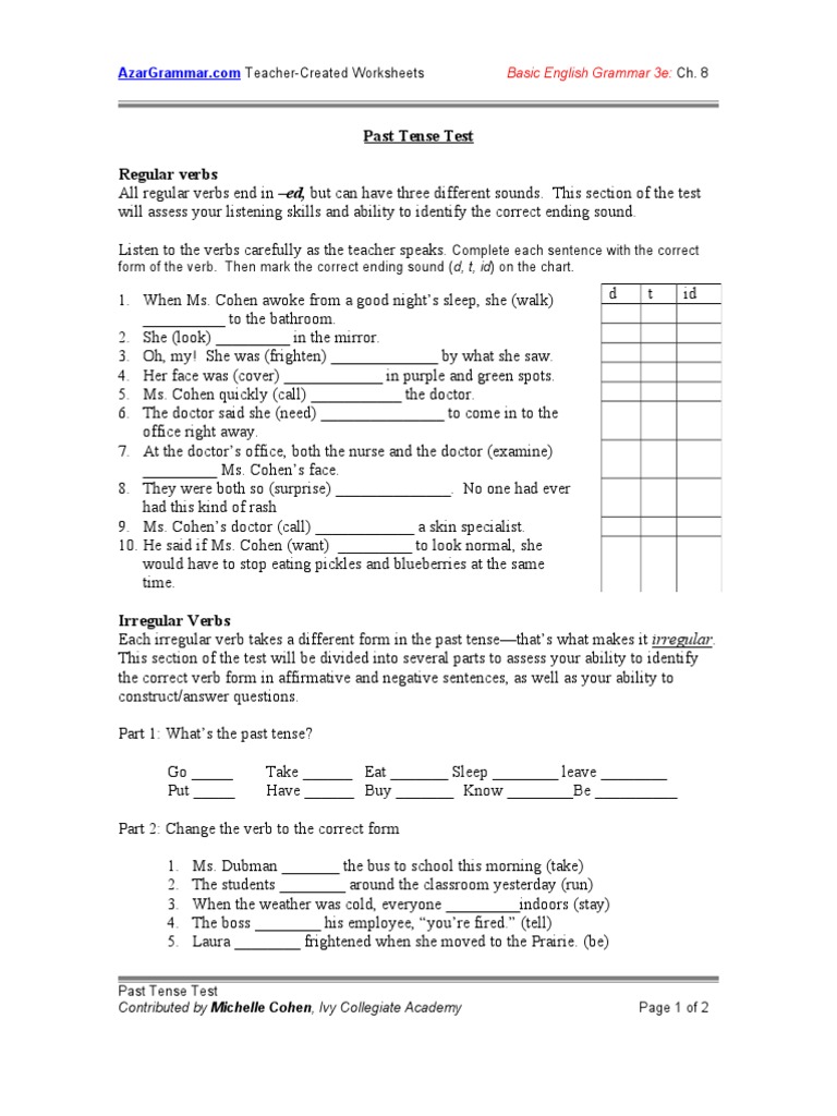 Past Tense Test Regular Verbs: Teacher-Created Worksheets | PDF ...