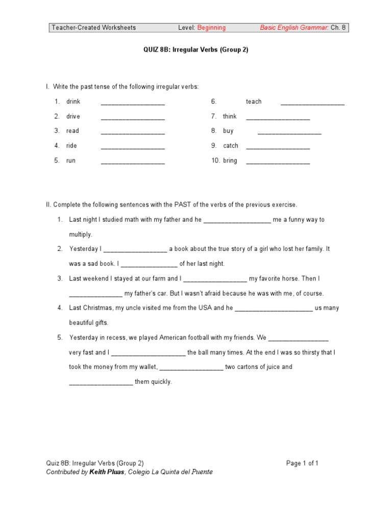 QUIZ 8B: Irregular Verbs (Group 2) : Beginning | PDF