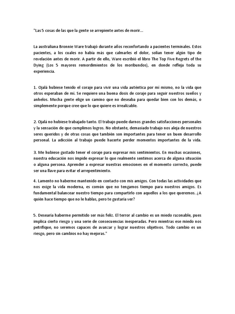 Las 5 Cosas De Las Que La Gente Se Arrepiente Antes De Morir Pdf