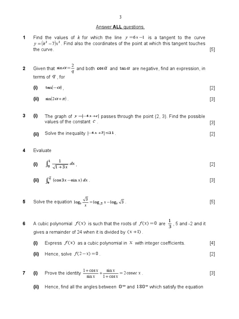 4e3 A Maths Prelim Exam Paper 1 | PDF