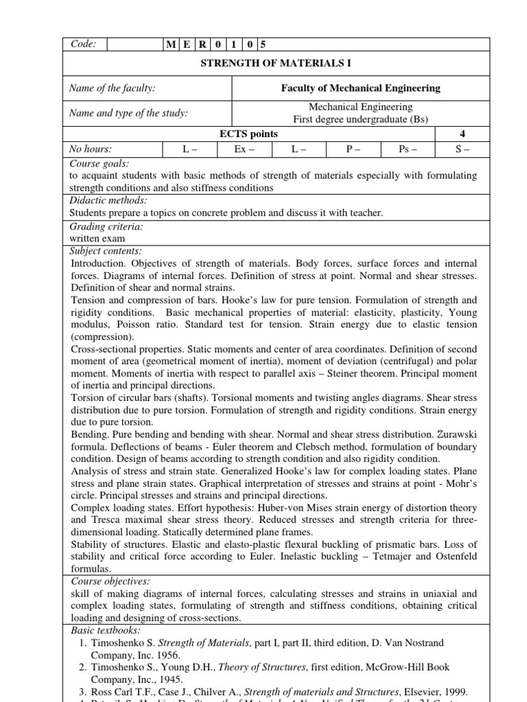 Strength of Materials I: Course Syllabus | PDF | Strength Of Materials ...