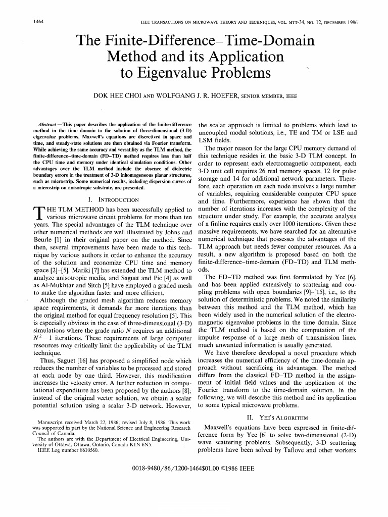 The Finite Difference Time Domain Method And Its Application To Eigenvalue Problems Pdf