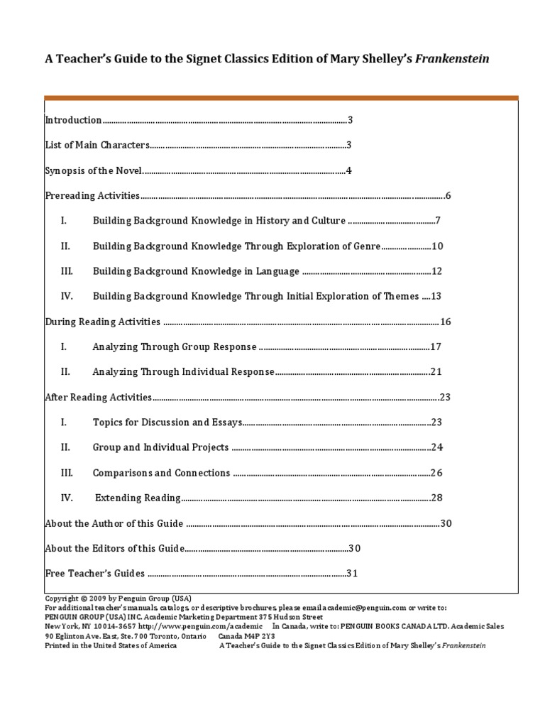 Teacher's Guide Frankenstein Signet | PDF | Frankenstein | Prometheus