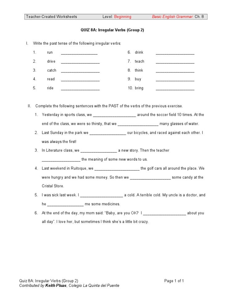 QUIZ 8A: Irregular Verbs (Group 2) : Beginning | PDF