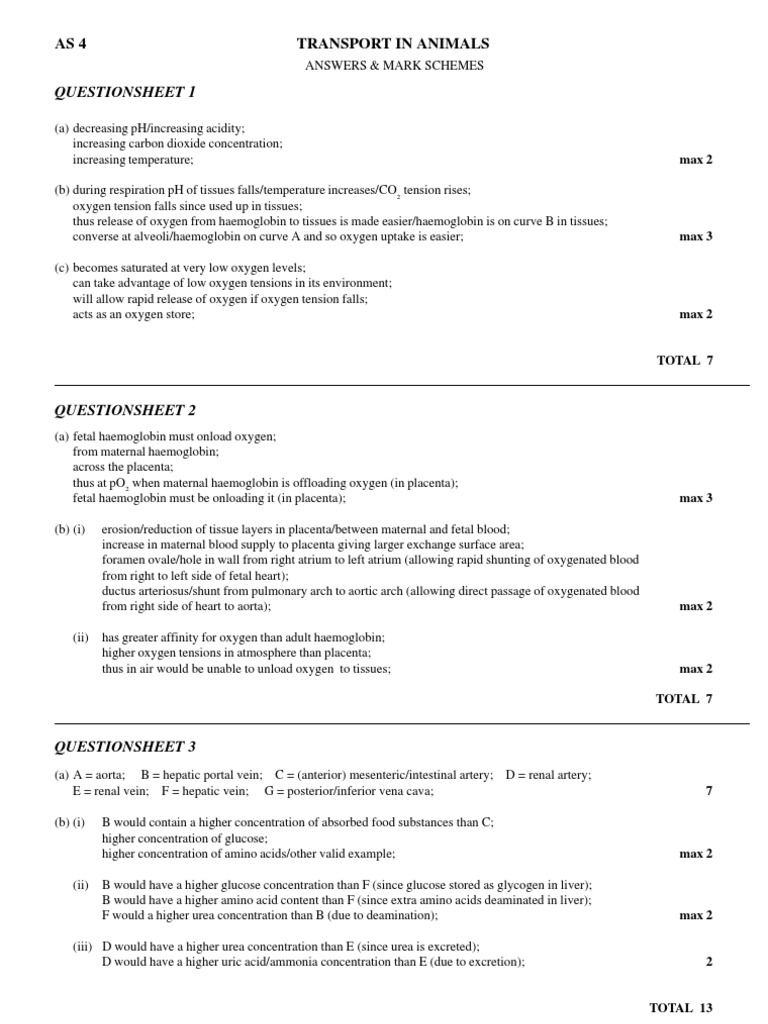 As 04 Transport in Animals Ans - Biology | PDF | Heart Valve ...