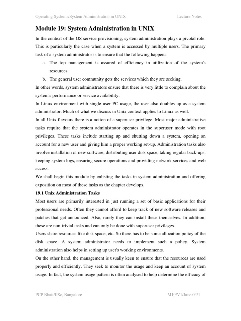 Operating Systems/System Administration in UNIX Lecture Notes | PDF ...