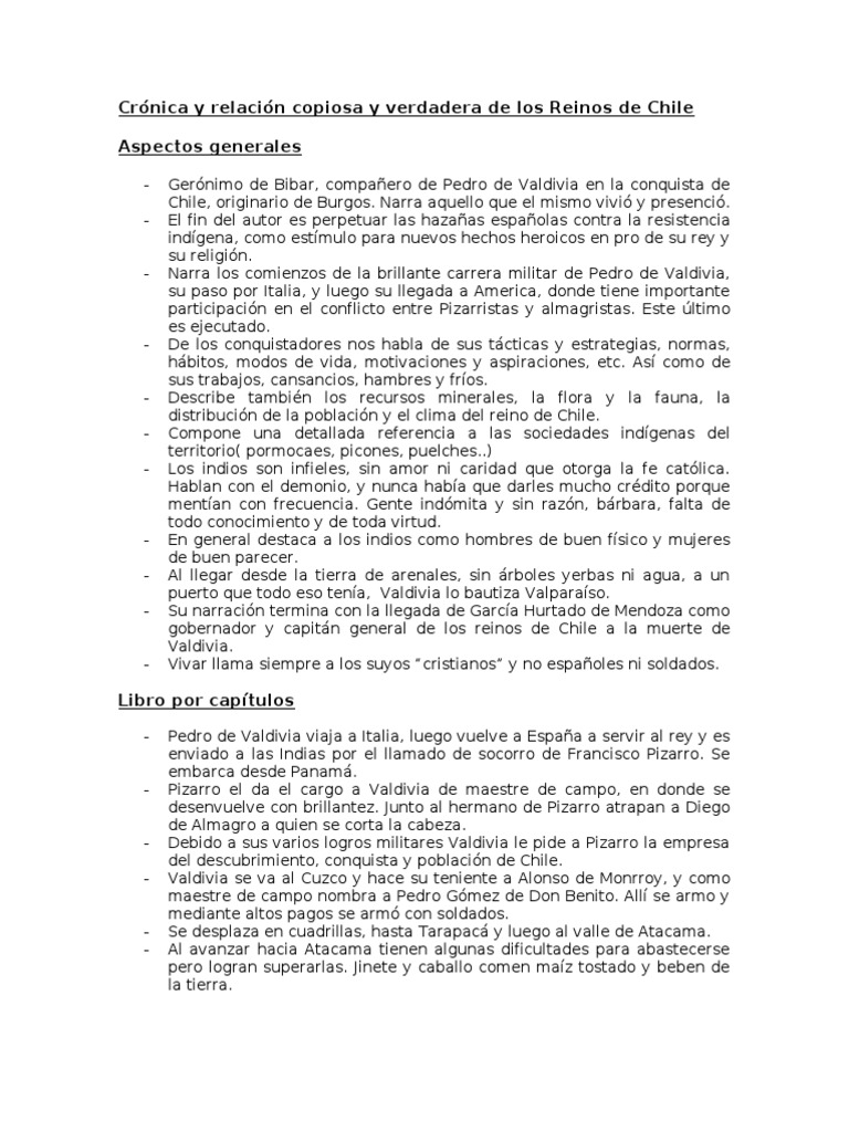 Resumen Crónica y relación copiosa y verdadera de los Reinos de Chile - Gerónimo de Vivar | PDF ...