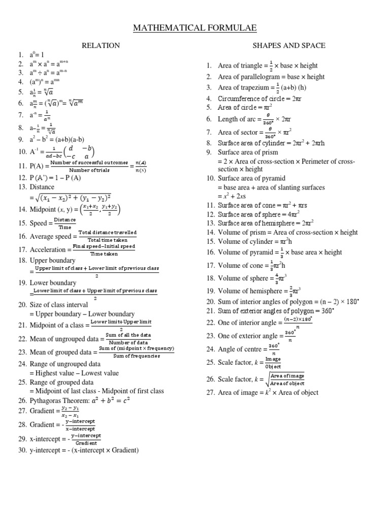Essential Mathematical Formulas Guide | PDF