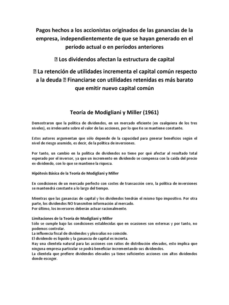 Teoría de Modigliani y Miller | PDF