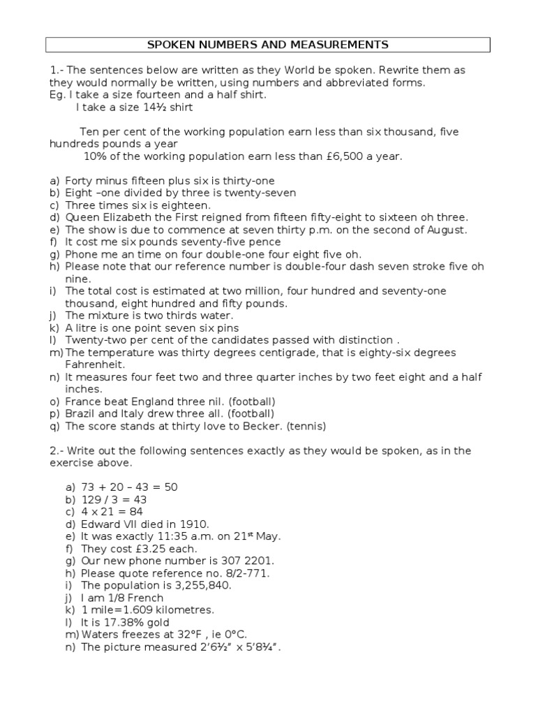 Spoken Numbers and Measurements | PDF | Reference | Units Of Measurement