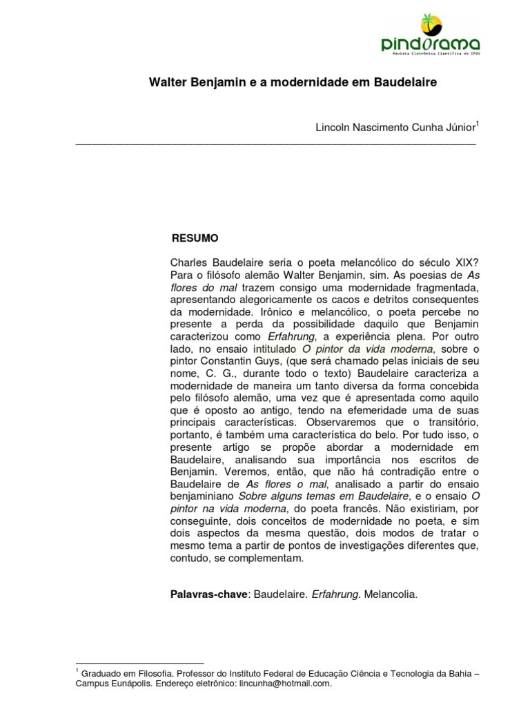 Walter Benjamin | PDF | Charles Baudelaire | Modernidade