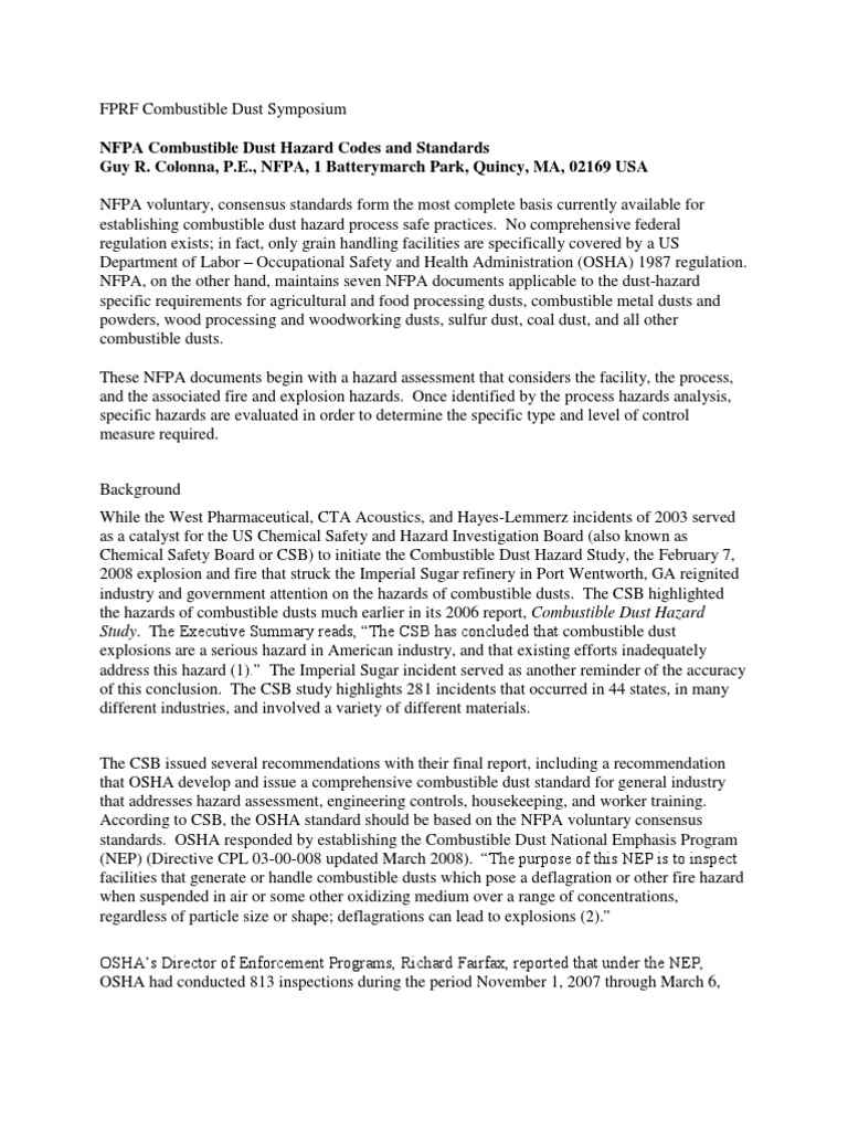 NFPA Combustible Dust Codes | PDF | Occupational Safety And Health ...