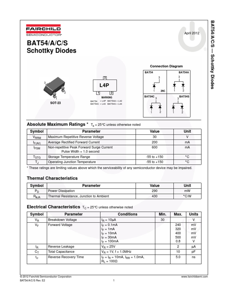Fairchild Schottky Diodes BAT54 Datasheet | PDF | Diode | Electrical ...