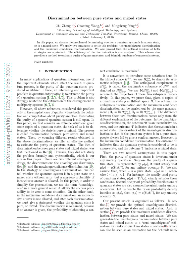 Discrimination Between Pure States and Mixed States: PACS Numbers | PDF