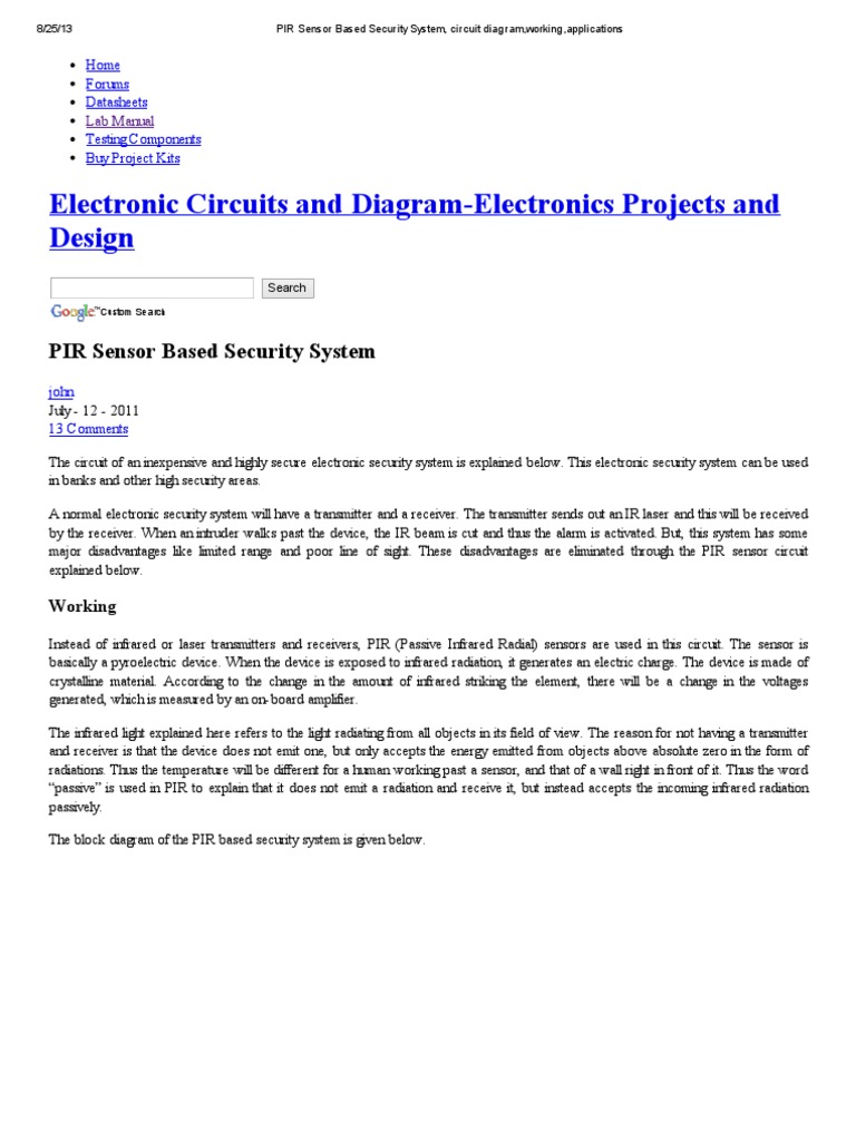 PIR Sensor Based Security System, Circuit Diagram, Working ...