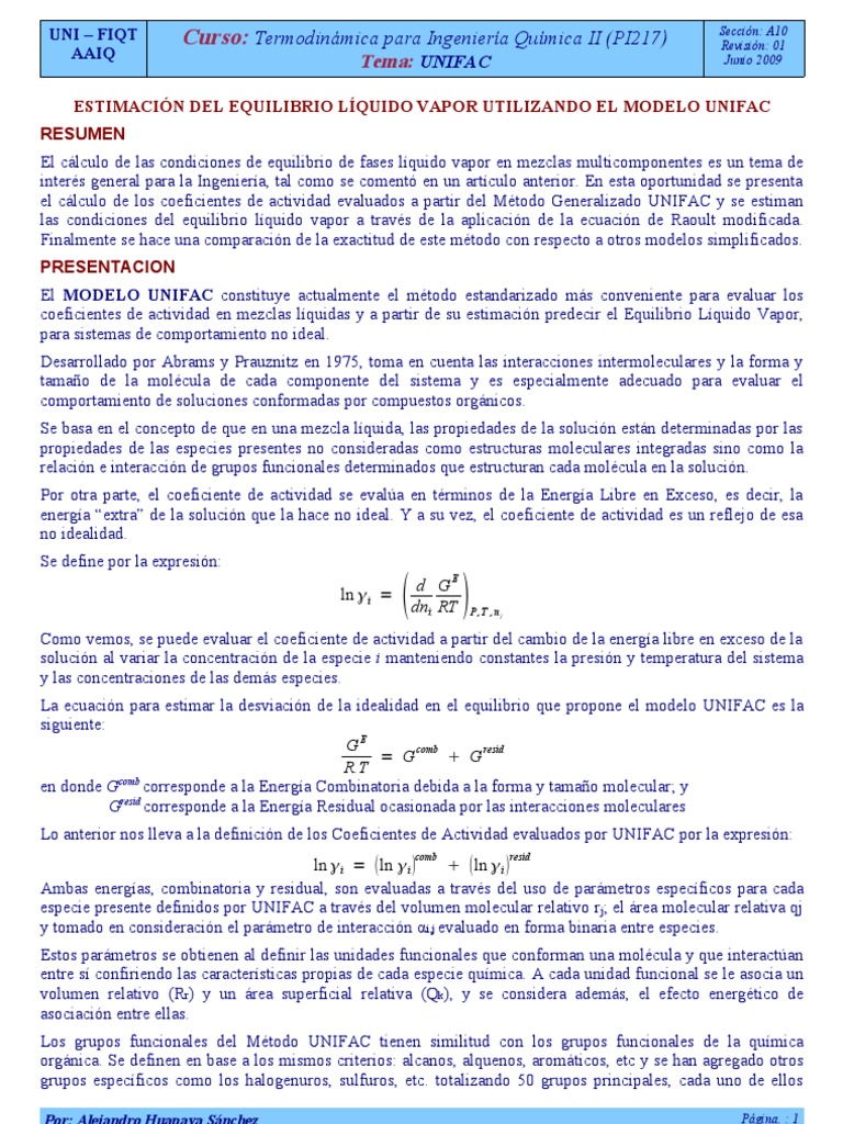 A10 Unifac | PDF | Equilibrio químico | Moléculas