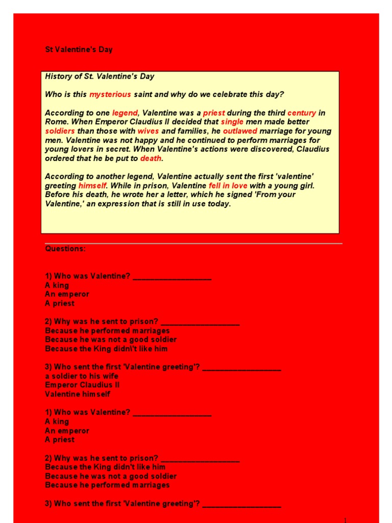 St. Valentine Text and Exercises | PDF | Valentine's Day | Cupid