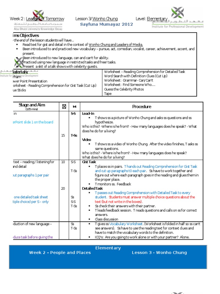 Aims Objectives: Week 2: Leaders of Tomorrow Lesson 3/wonho Chung Level ...