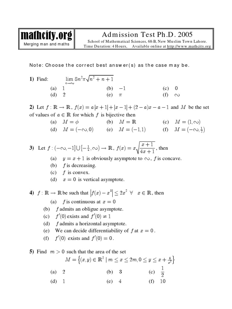 Ph.D. Admission Test Math Questions | PDF | Mathematical Relations ...