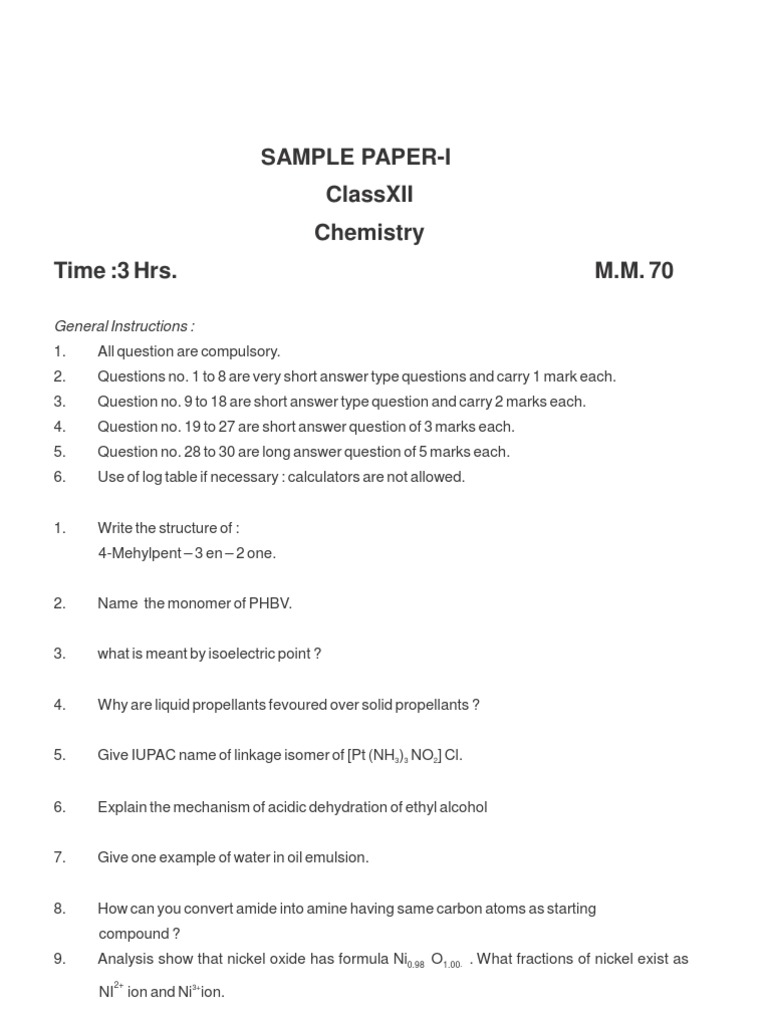 Class 12th Chemistry Solved Sample Paper 1 | PDF | Acid | Amine Class 12th Chemistry Solved Sample Paper 1 | PDF | Acid | Amine