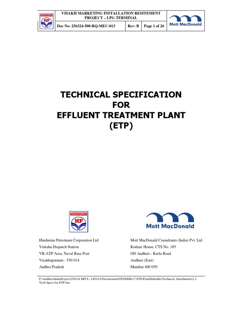 Tech Specs For ETP | PDF | Specification (Technical Standard) | Pump