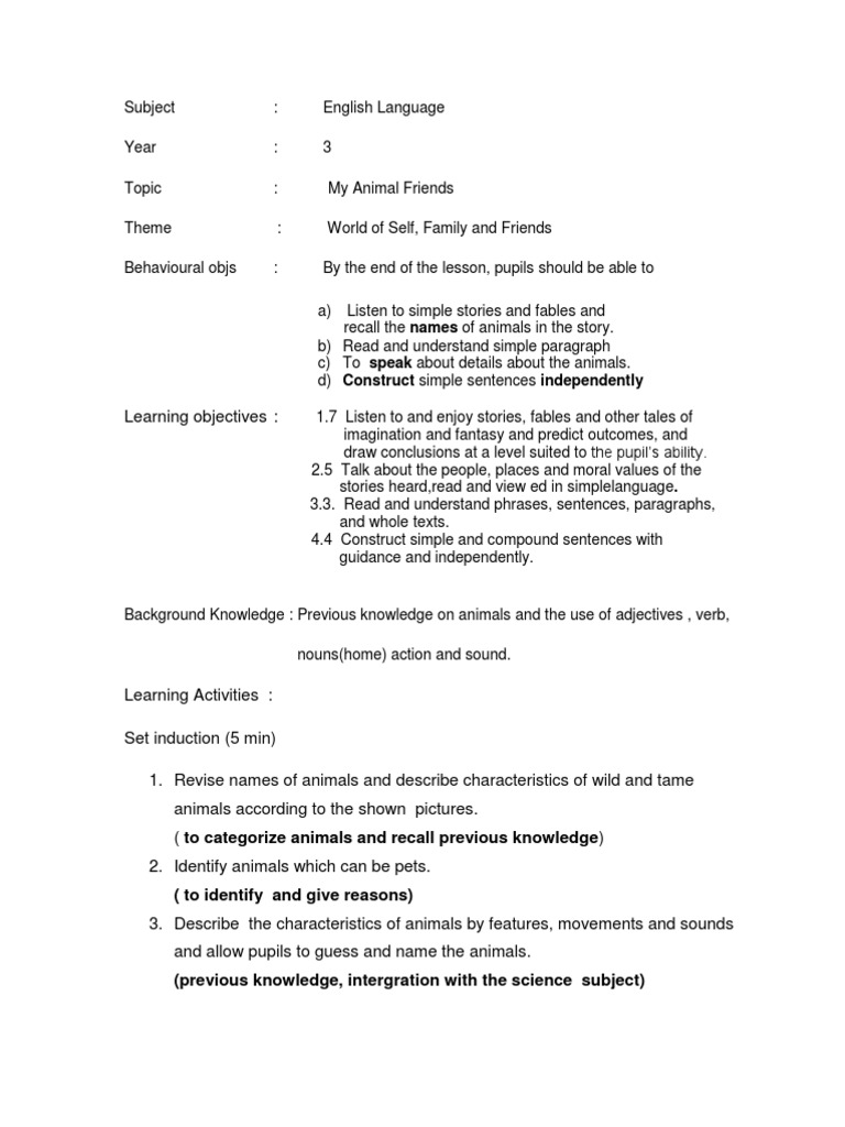 Lesson Plan - My Animal Friend | PDF | English Language | Cognition