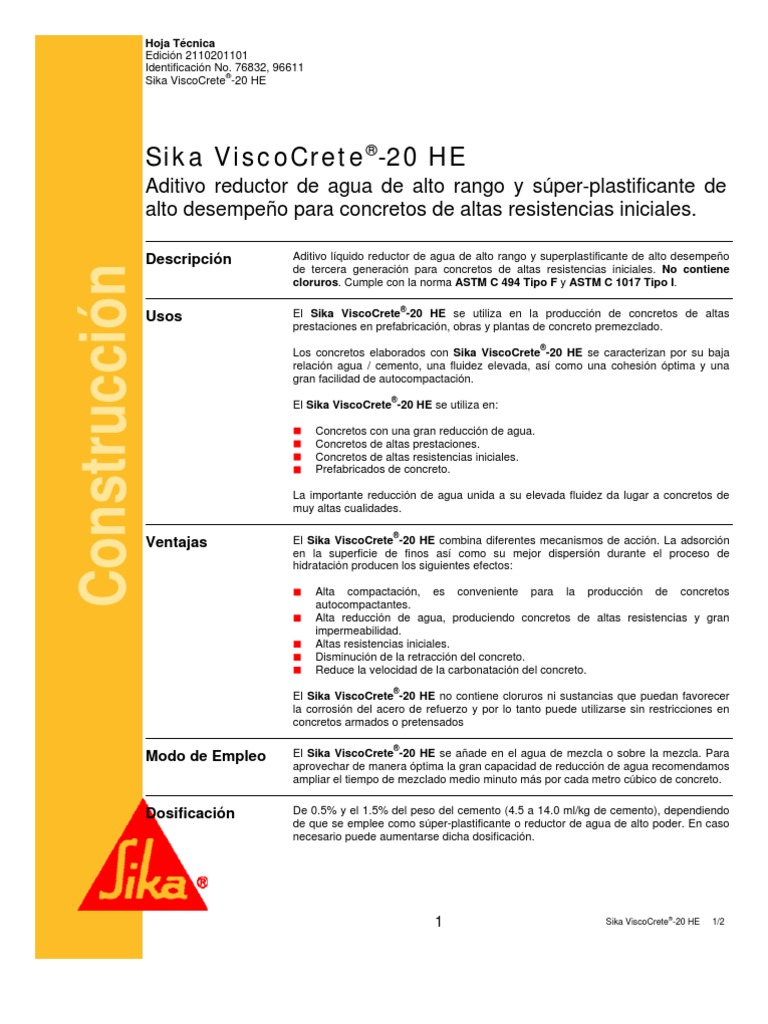 Sika Viscocrete 20 | PDF | Hormigón | Cemento