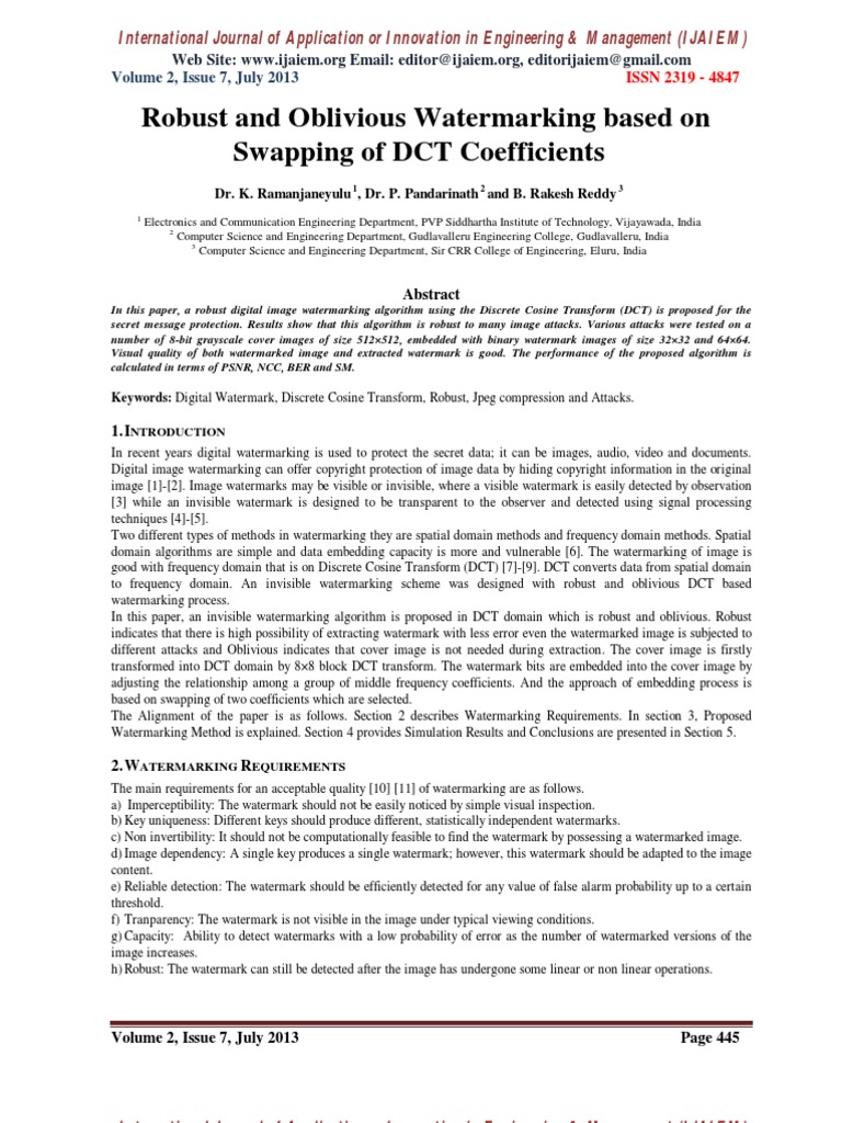 Robust and Oblivious Watermarking Based On Swapping of DCT Coefficients | PDF | Computer Science ...