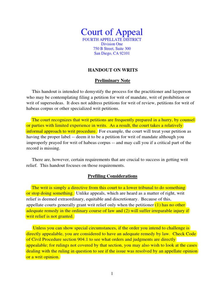 Court of Appeal Handout On Writs Mandate Etc 9 Pages 8-13-13 | PDF | Writ | Appeal