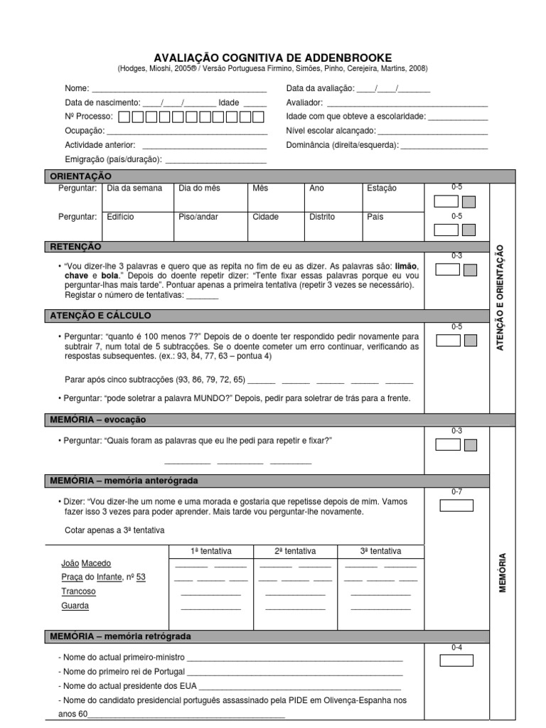 Avaliação Cognitiva de Addenbrooke | PDF | Linguística | Cognição