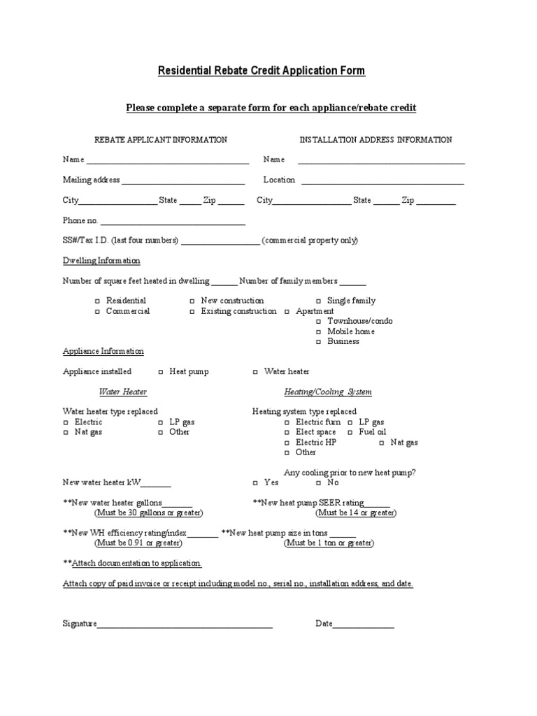 Residential Rebate Credit Application Form | PDF | Water Heating | Heat ...