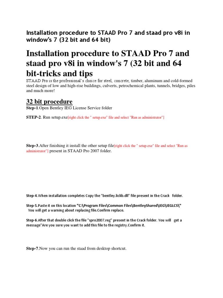 Installation Procedure To STAAD Pro 7 and Staad Pro V8i in Window | PDF ...