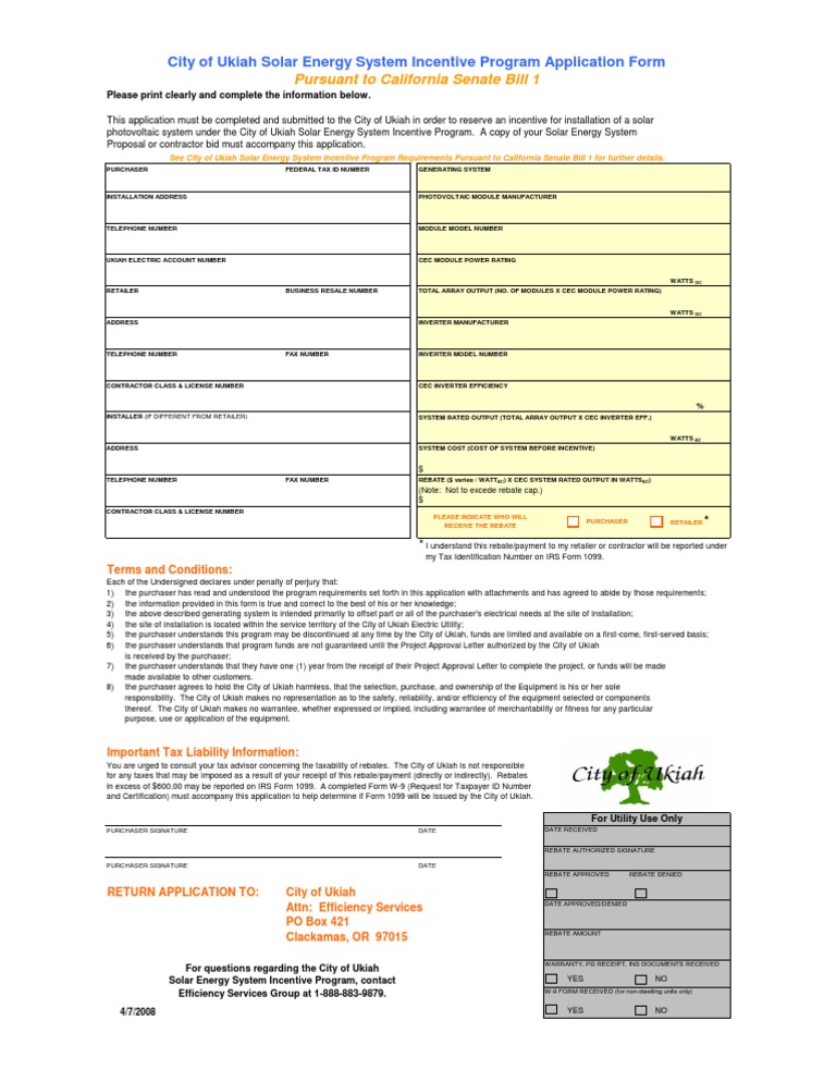 Ukiah Solar Incentive Application Form | PDF | Photovoltaics | Solar Power