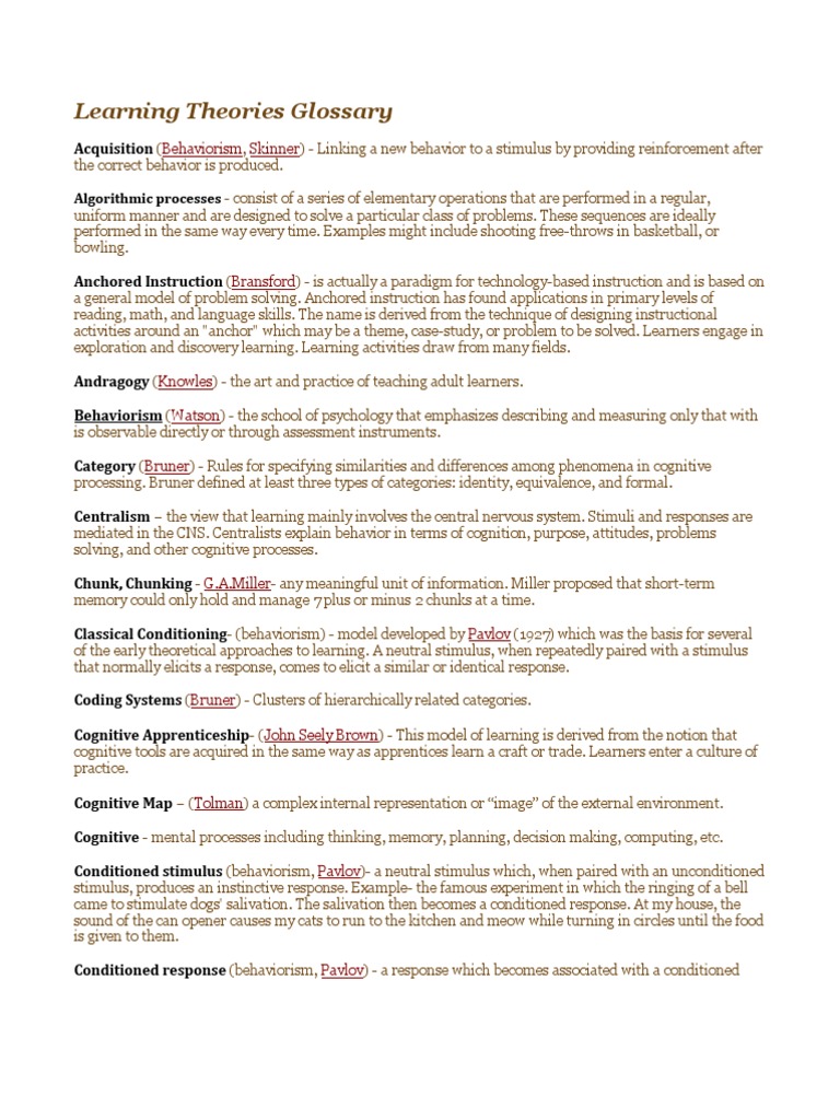 Learning Theories Glossary | PDF | Reinforcement | Classical Conditioning
