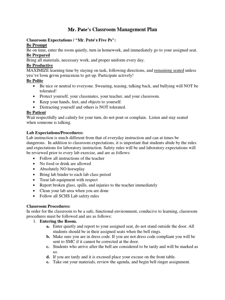 Mr. Pate's Classroom Management Guide | PDF | Homework | Classroom