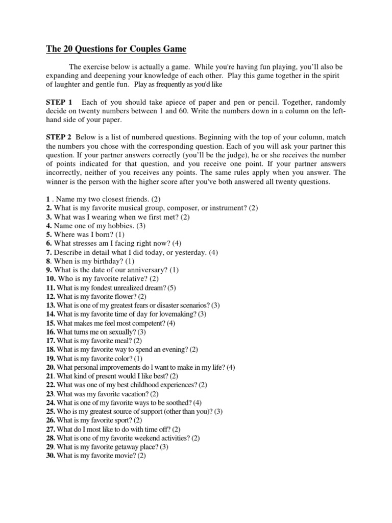 The 20 Questions For Couples Game | PDF