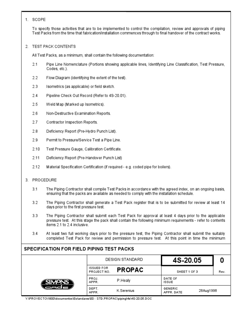 Propac: Specification For Field Piping Test Packs | PDF | Pipe (Fluid ...