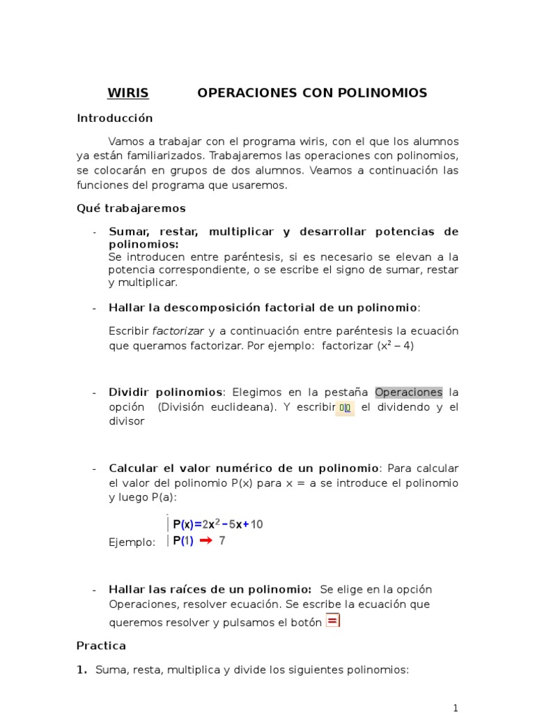 WIRIS - Operaciones Con Polinomios | PDF
