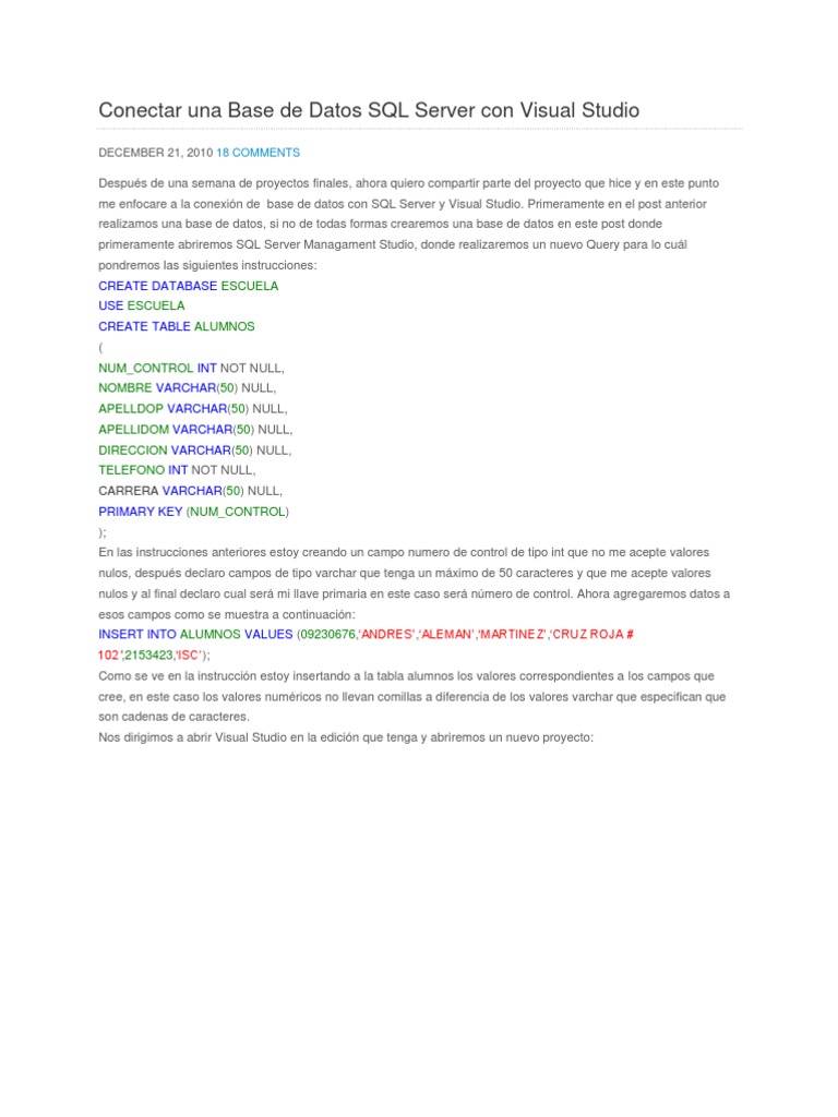 Conectar Una Base de Datos SQL Server Con Visual | PDF | Servidor SQL de Microsoft | Tabla (base ...