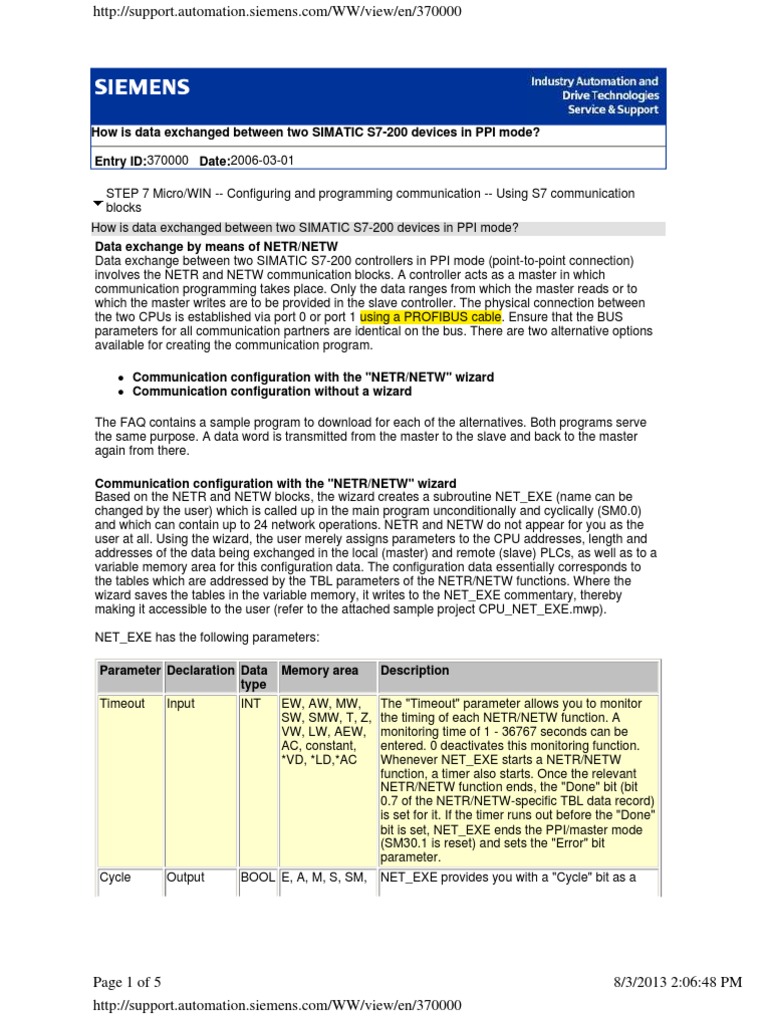 Data Exchanged Between Two SIMATIC S7-200 Devices in PPI Mode | PDF ...