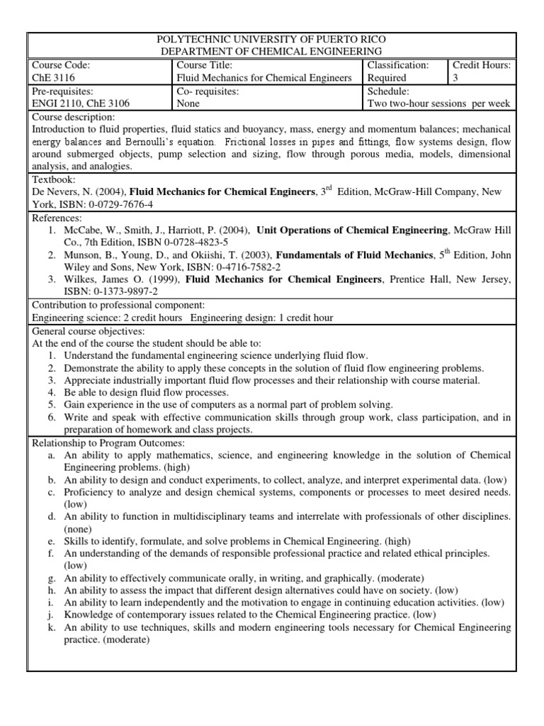 ChE+3116 Syllabus+Fuid+Mechanics | PDF | Fluid Dynamics | Fluid Mechanics