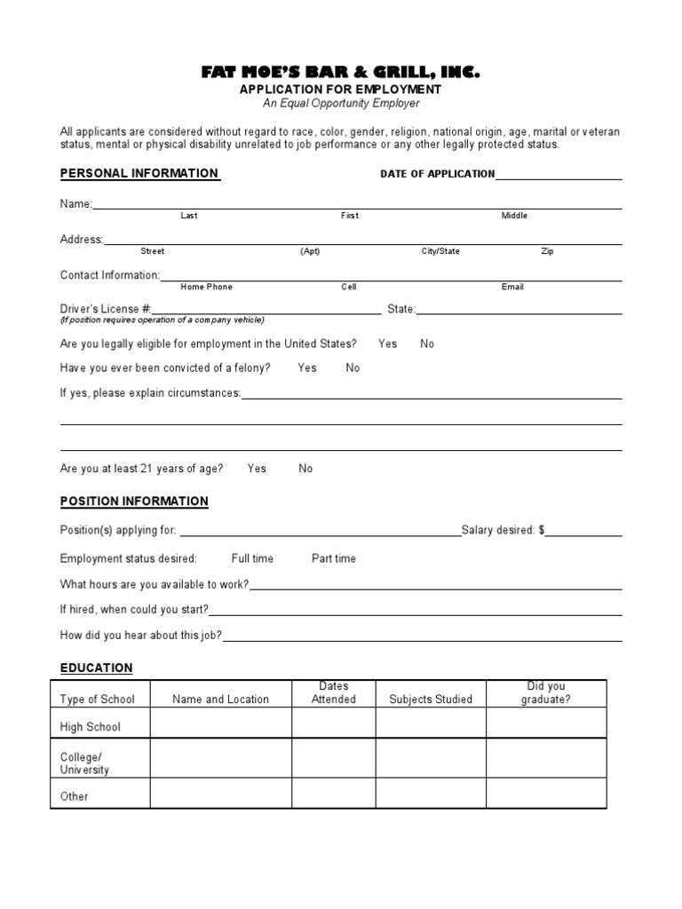 Fat Moe's EMP APP | PDF | Employment | Government Information