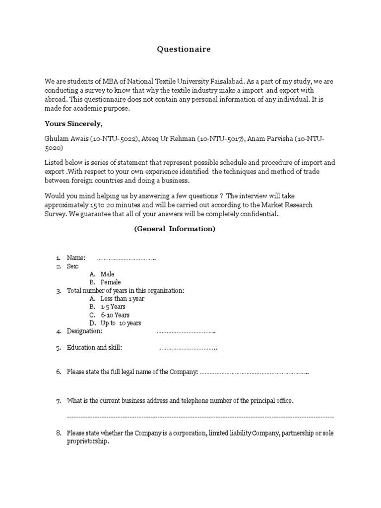 IFM Questionaire | PDF | Letter Of Credit | Questionnaire