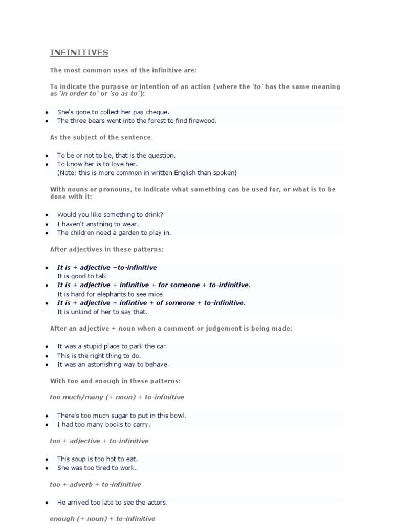 Infinitives | Adjective | Verb