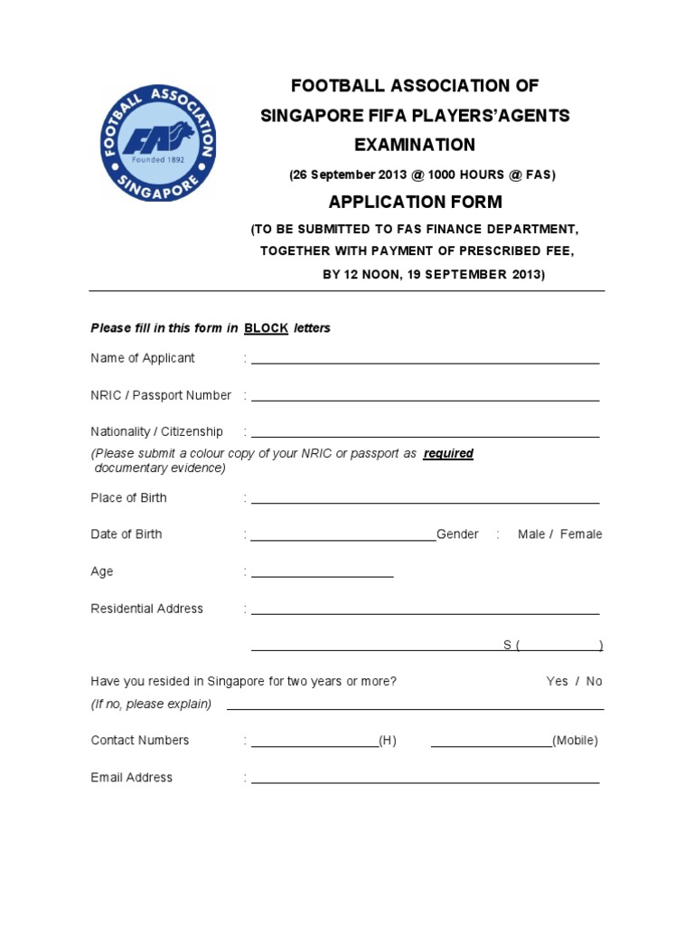 FIFAPlayersAgentApplicationForm - FAS SEPT '13 | PDF | Fifa | Test ...