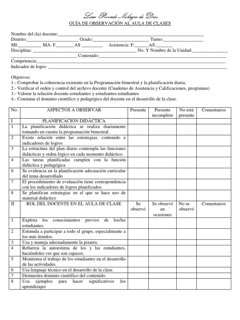 Guia de Observacion Al Aula de Clase | Maestros | Planificación