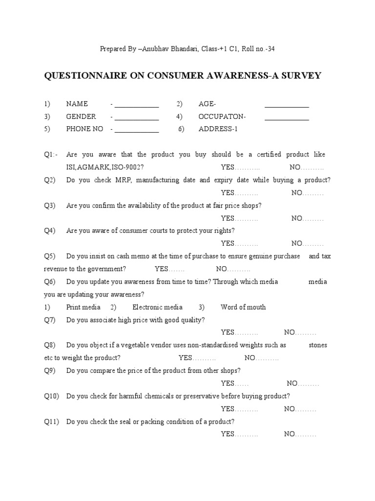 Questionnaire On Consumer Awareness-A Survey | PDF